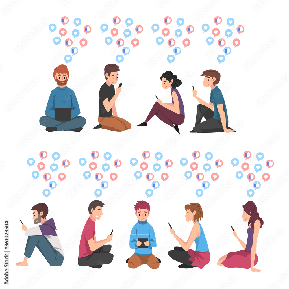 Set of People Sitting on the Floor with Digital Gadgets, Guys and Girls ...