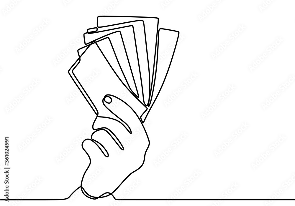 Continuous line drawing of hands holding piles of money banknotes ...