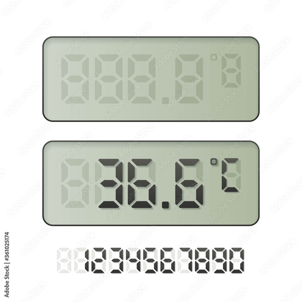 Blank and showing normal temperature thermometer screen. Grey digital ...