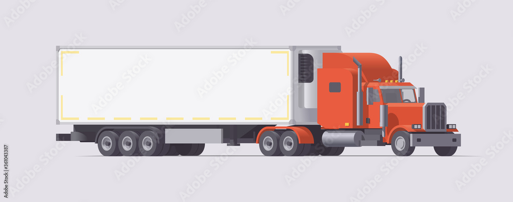 Semi truck carrying refrigerator trailer. Isolated american retro ...