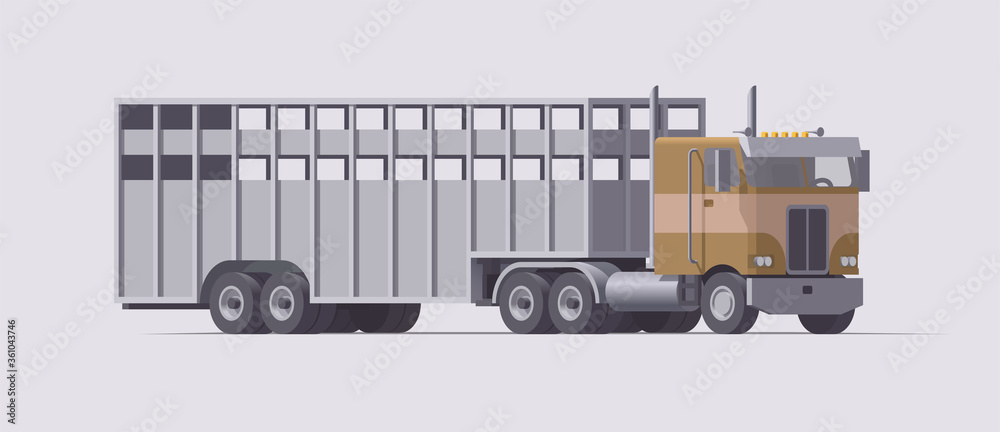 Semi truck carrying cattle trailer. Isolated american retro tractor ...