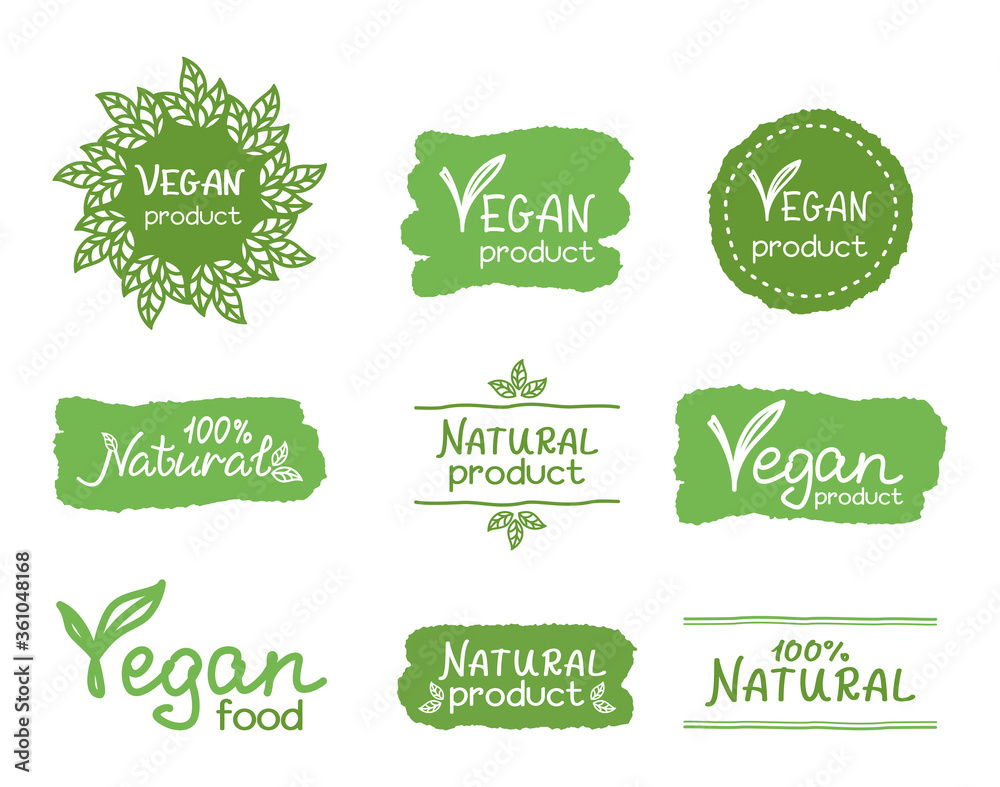 Vegan and natural product hand lettering. Set of signs, icons, emblems ...