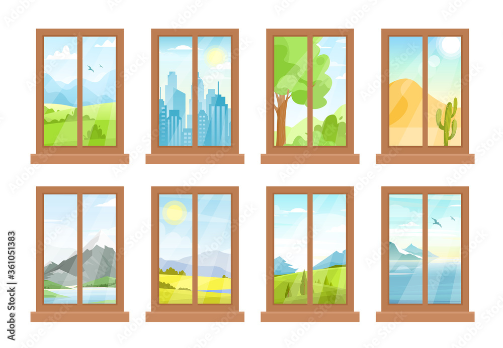 Vector illustration of windows with landscapes, city view, clouds, sun ...