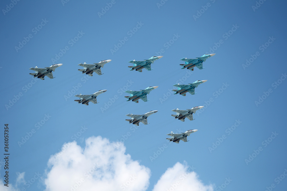 MOSCOW, RUSSIA - June 24, 2020: an air parade of Russian SU-34 aircraft ...