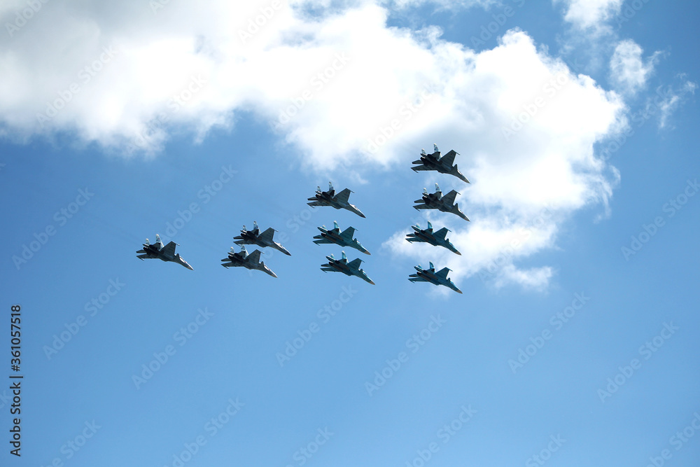 MOSCOW, RUSSIA - June 24, 2020: an air parade of Russian SU-34 aircraft ...