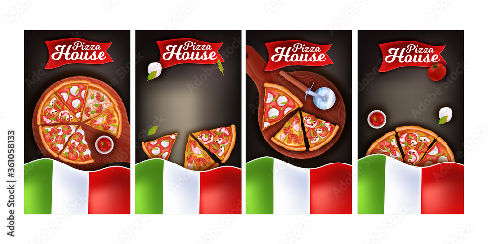 Italian pizza set of flyers with cutting board, slices, flag, tomatoes ...