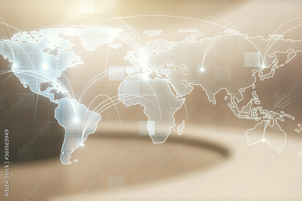 Abstract graphic digital world map hologram with connections on modern ...