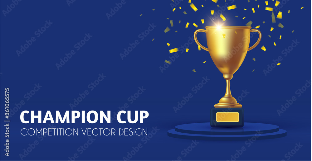 Realistic golden champion cup with circle podium. Isolated trophy ...