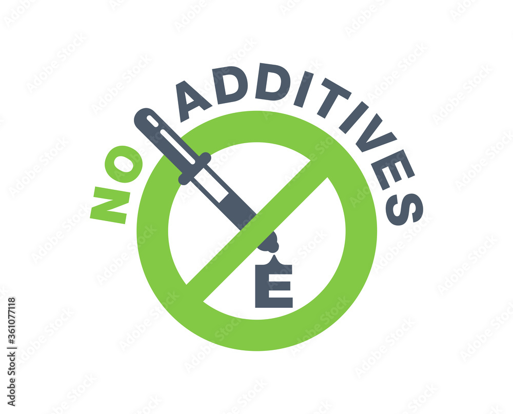 No additives sign - crossed out eyedropper with harmful E letter ...