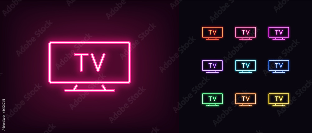 Neon tv icon. Glowing neon television sign, set of isolated widescreen ...