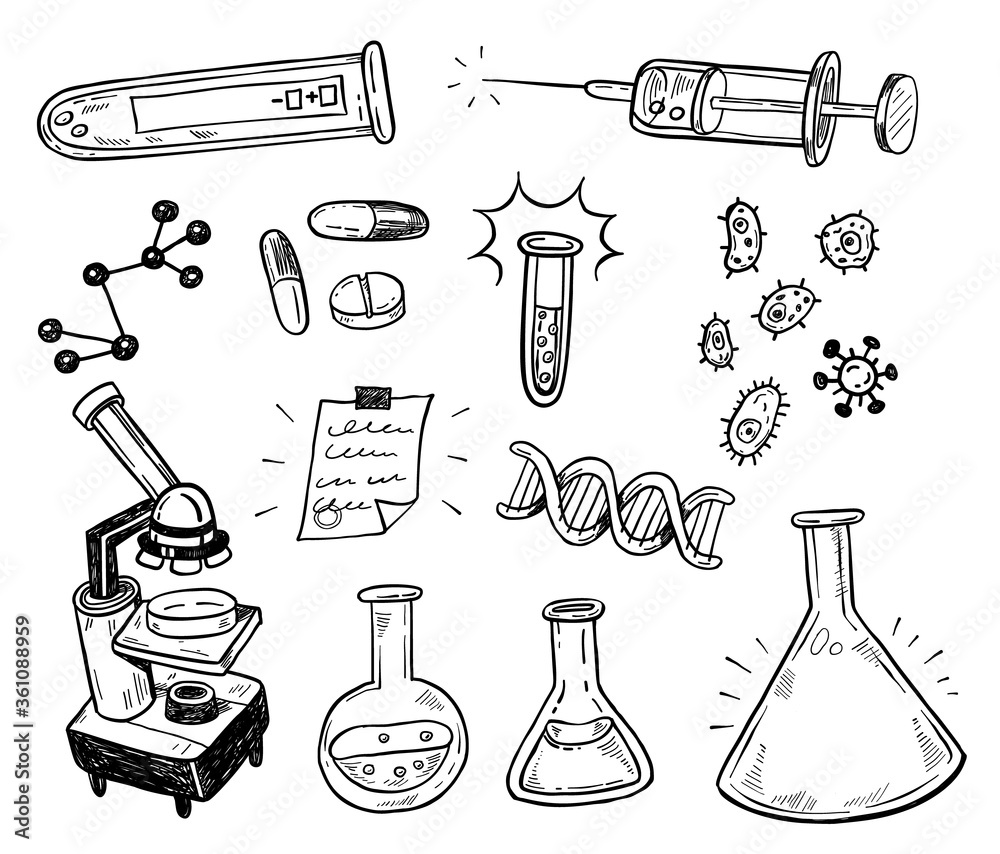 Biotechnology doodles. Scientific doodle style icons set. Logos for ...