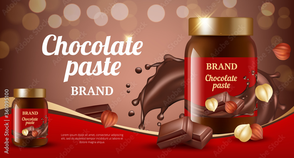 Chocolate cream ads. Delicious sweet brown paste flowing eat product ...