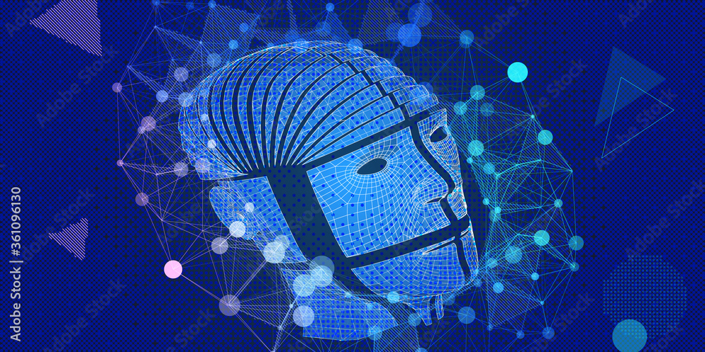 Abstract background with 3d wireframe head. Abstract digital grid ...