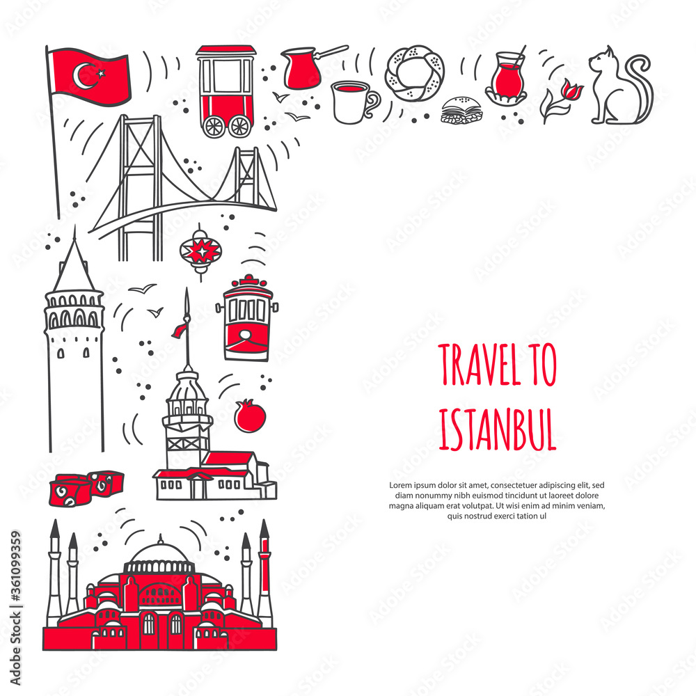 Travel to Istanbul, Turkey. Vector card design with famous Turkish ...