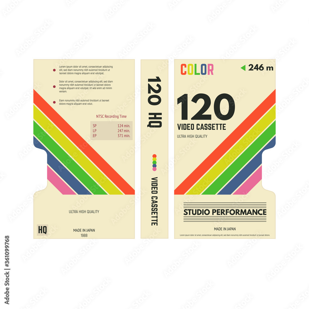 Retro style video cassette three side cover. Back and sides of paper ...