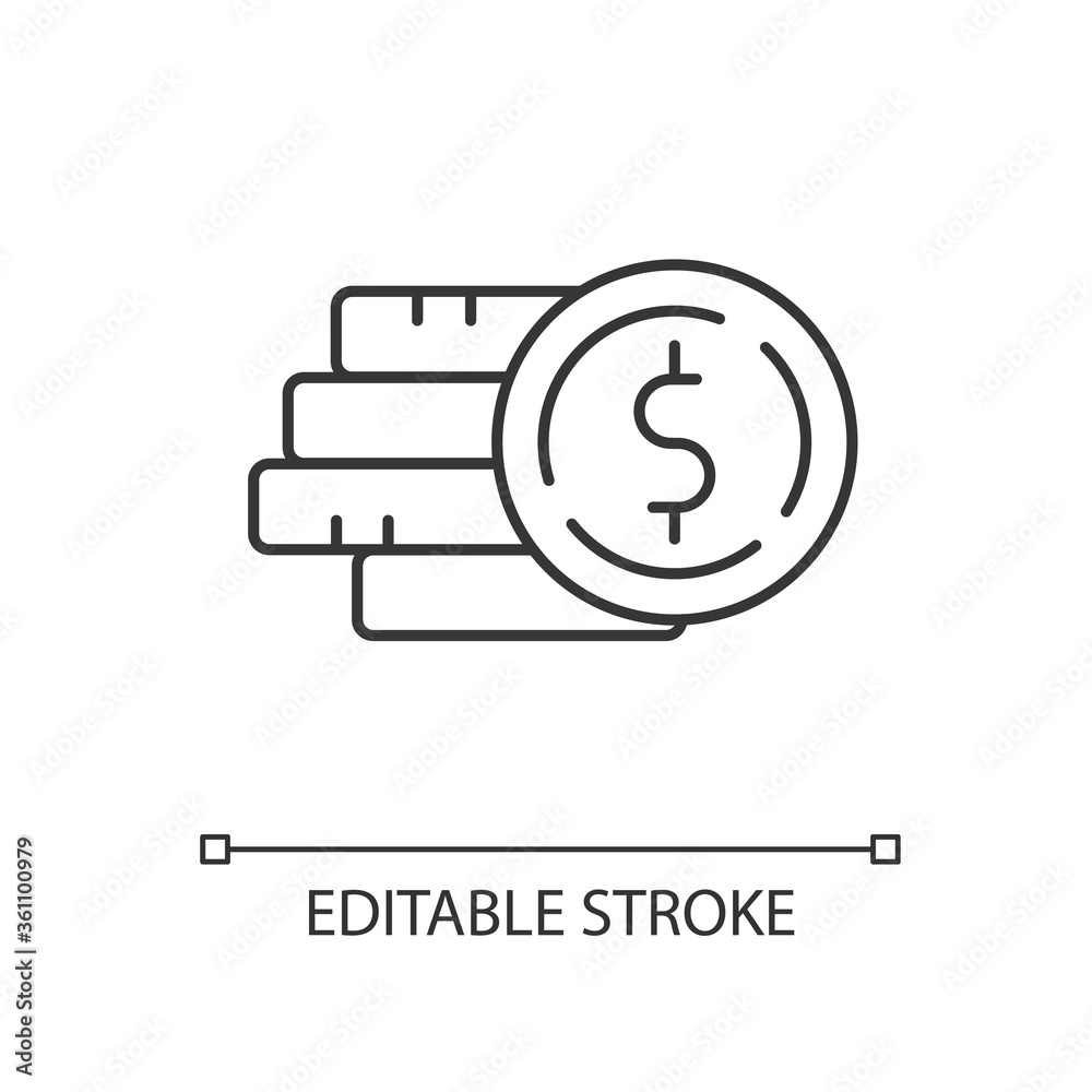 Pile of money linear icon. Stack of gold coins. Monetary gain ...