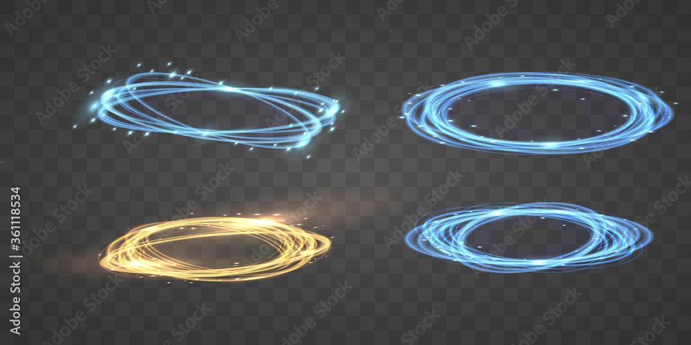 Set of Fire light circles trails of sparkling gold glitter on ...