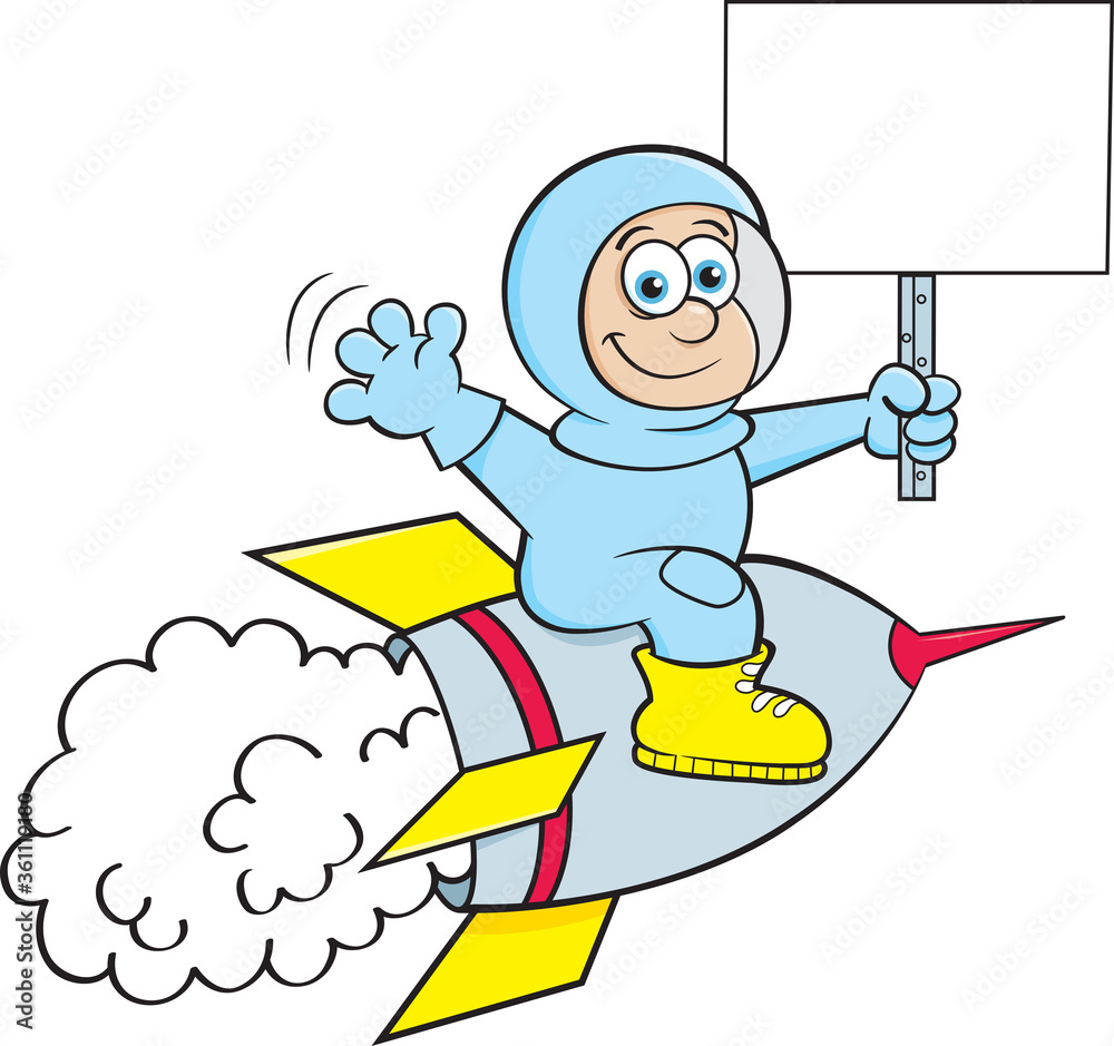 Cartoon illustration of a boy in a space suit riding a space ship while ...