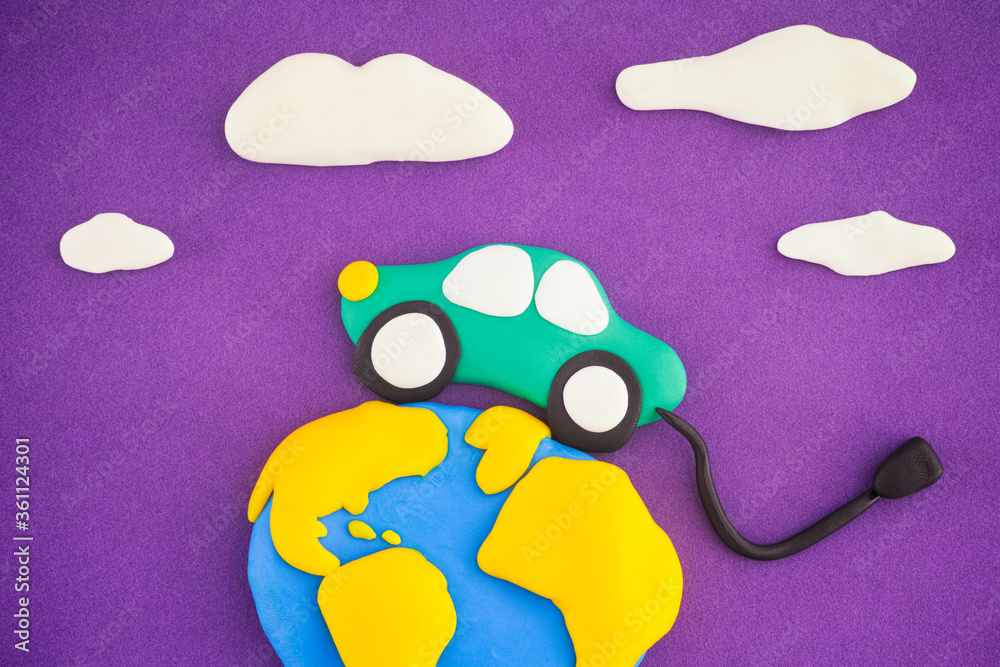 Electric car driving around planet Earth. Concept Image. Scene is made ...