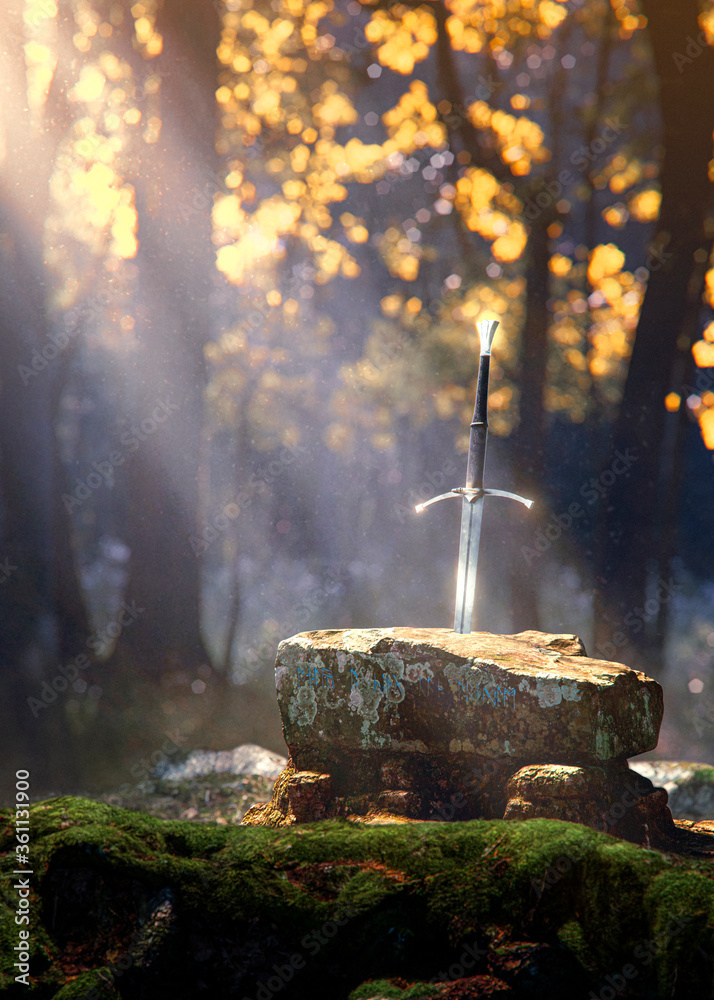 Excalibur Sword in the stone lightened by the sunray in the forest on ...