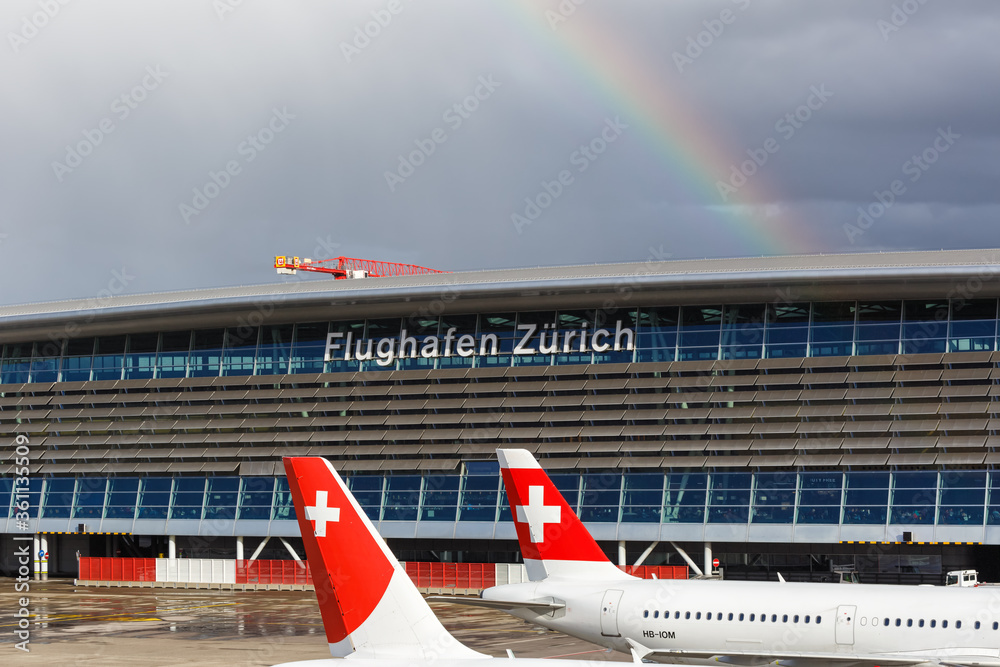 Zurich Zürich ZRH Airport Airside Center Terminal and Swiss airplanes ...