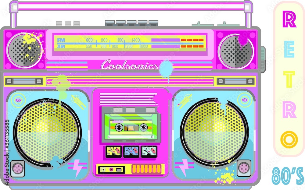 retro 1980's cassette boombox colorful splashed with paint spots and drips Stock Illustration ...