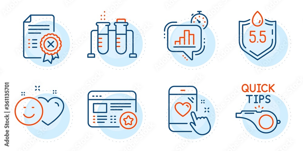 Statistics timer, Favorite and Chemistry beaker signs. Smile, Reject ...