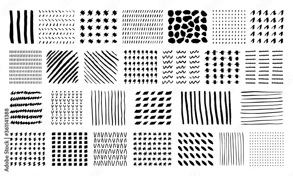 Big set of hand-drawn patterns. Dots, lines, crosses, dashes, spots of ...