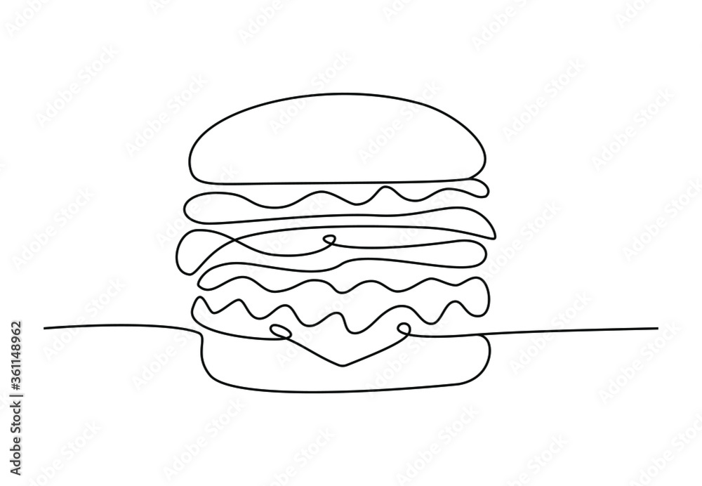 Single line drawing of cheeseburger. Fast food hamburger made of one ...