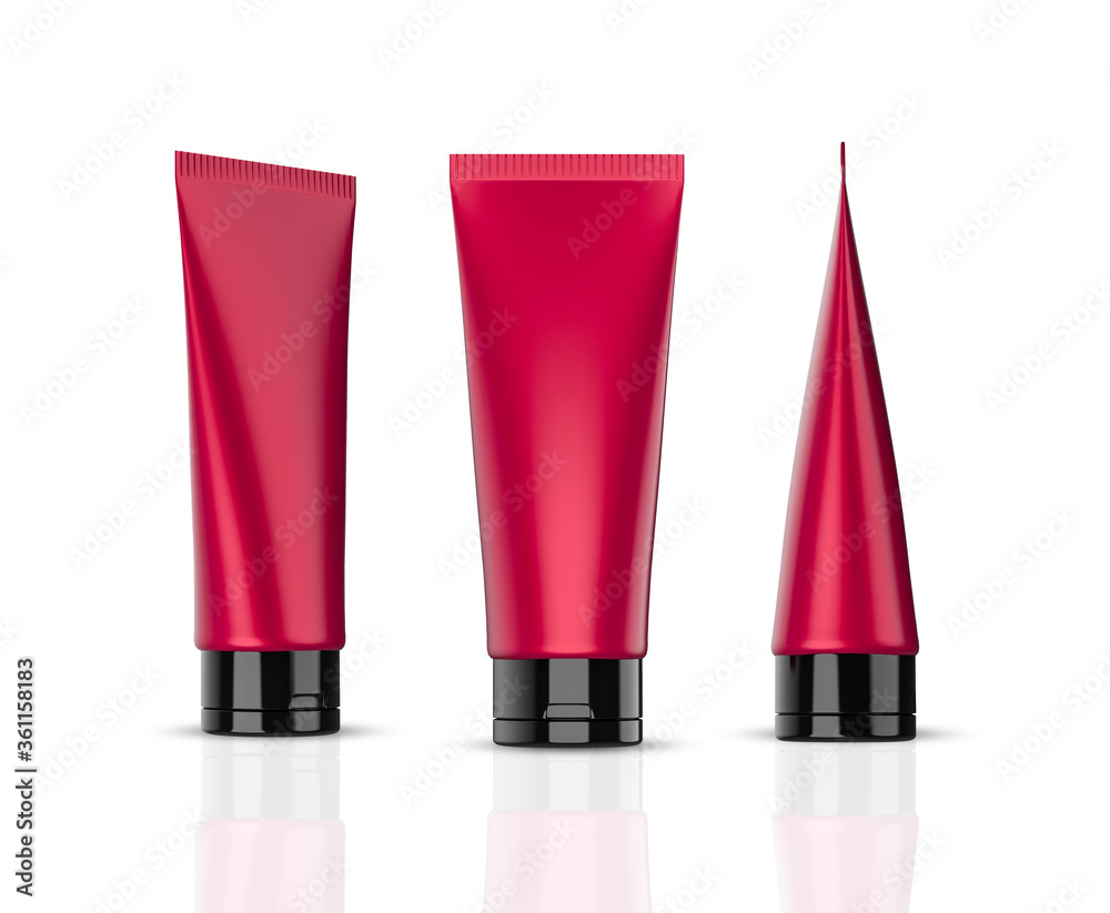 3d render. Set with three red tubes of cosmetic product at different ...