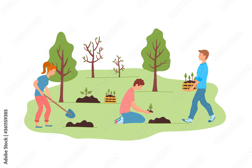 Cartoon Color Characters People Forest Restoration Concept. Vector ...