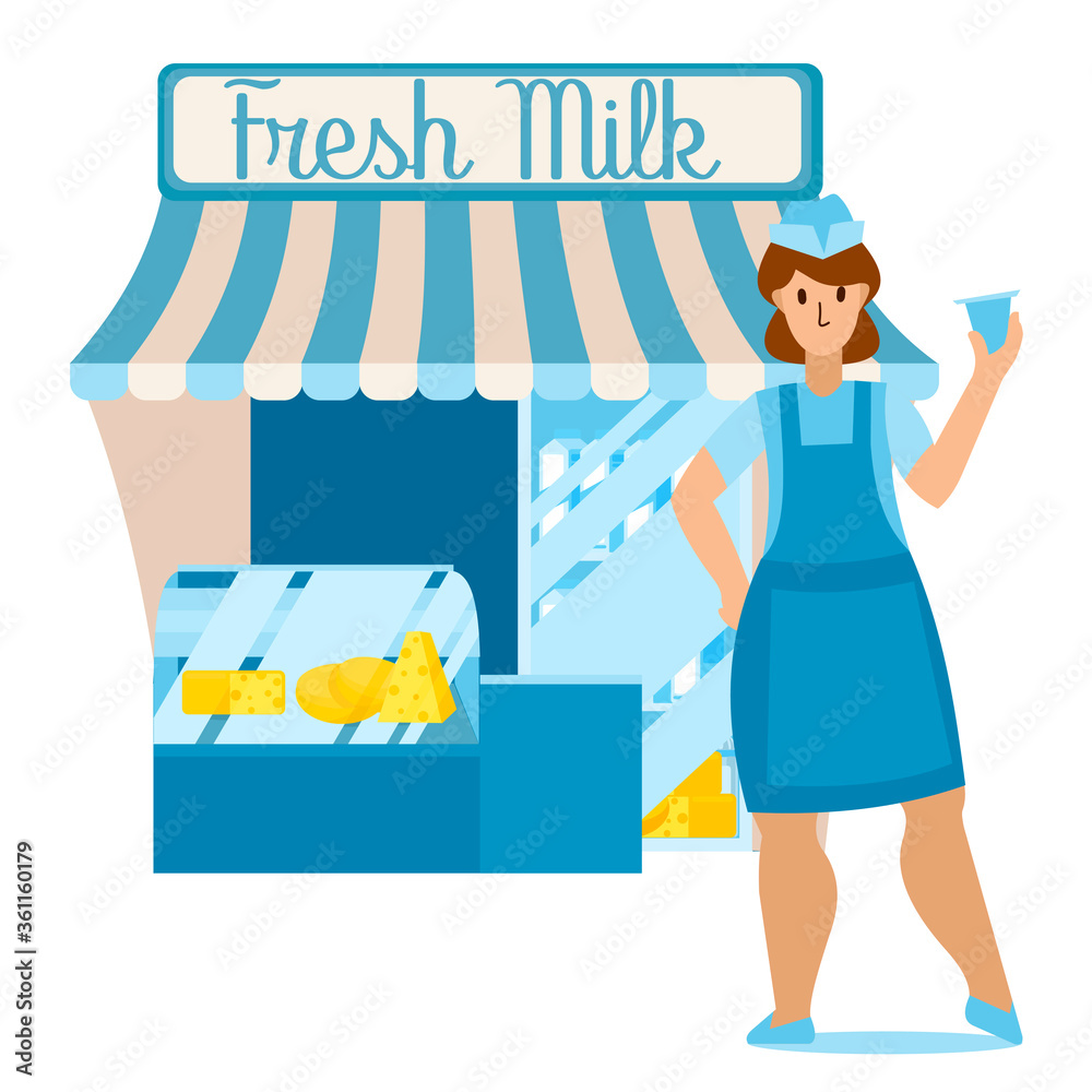 Cartoon Color Character Person Female and Food Market Fresh Milk ...