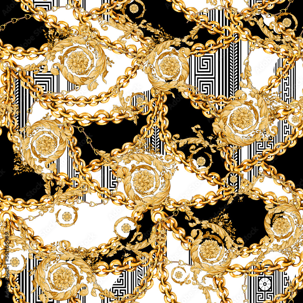gold baroque pattern in chain. white Black background Stock ...