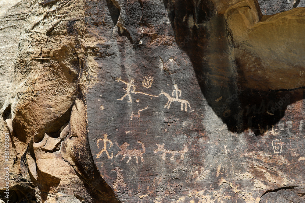 Native American Indian rock art petroglyph leading horse Utah 1370 ...