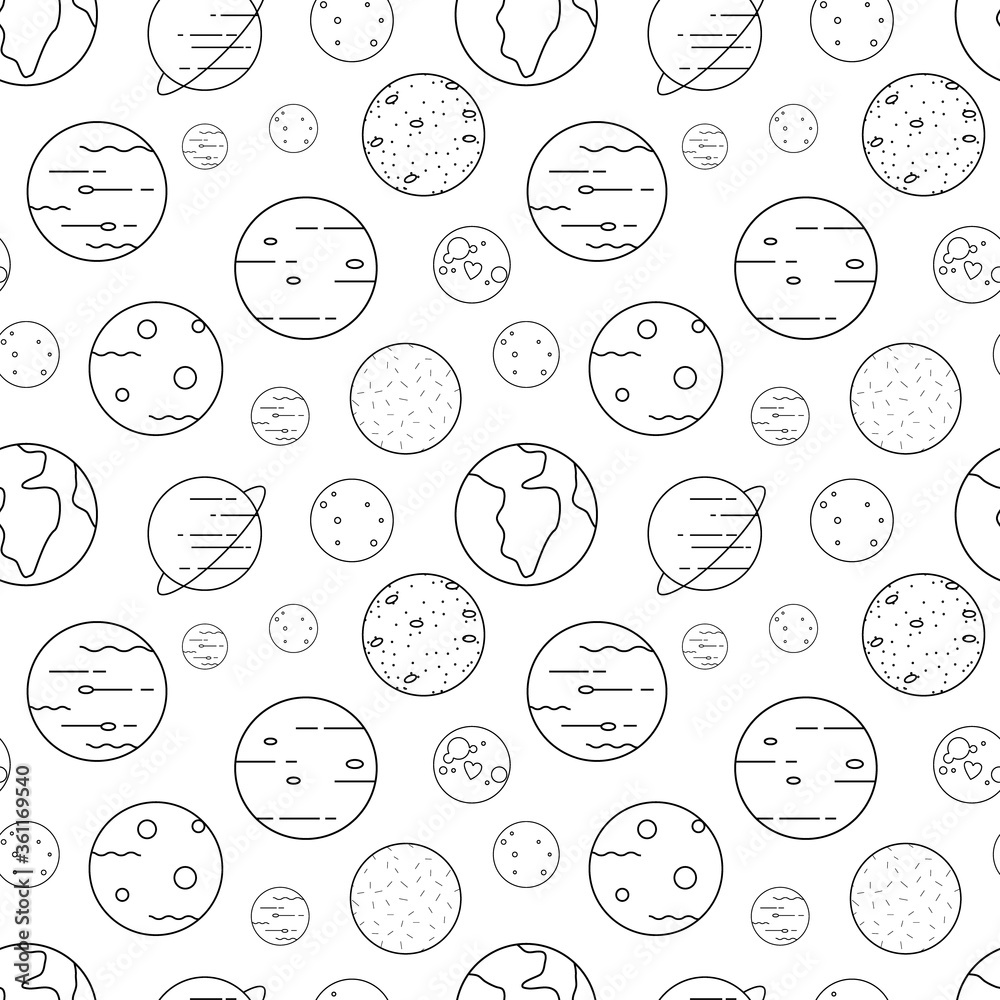 Thin line icons of planets in seamless pattern. Modern flat line design ...