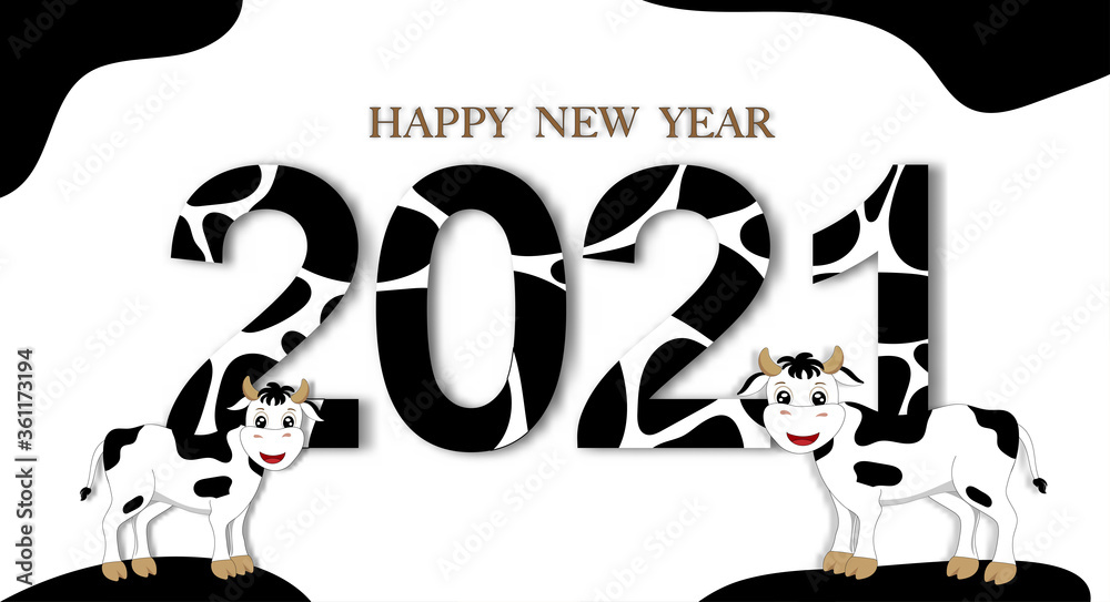 HAPPY NEW YEAR and 2021 font with cow skin pattern on white background ...