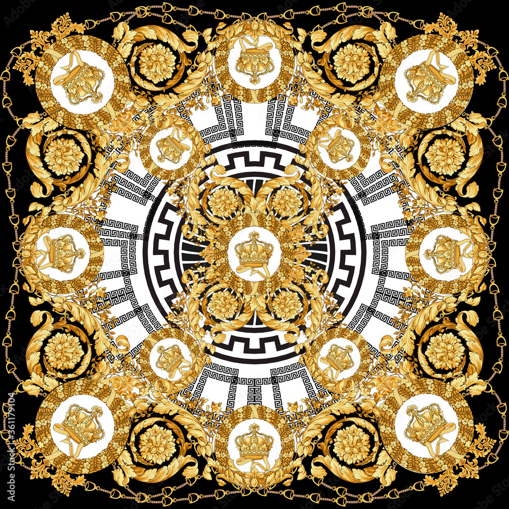 golden floral baroque pattern in white black background. Antique new ...