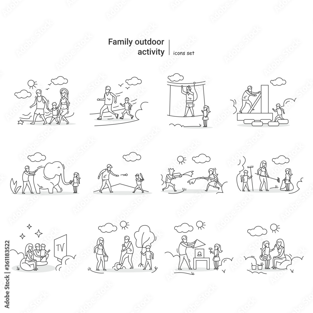 Family outdoor activity icons set. Summer vacation games, activities ...