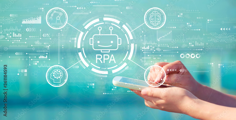Robotic Process Automation RPA theme with person holding a white ...