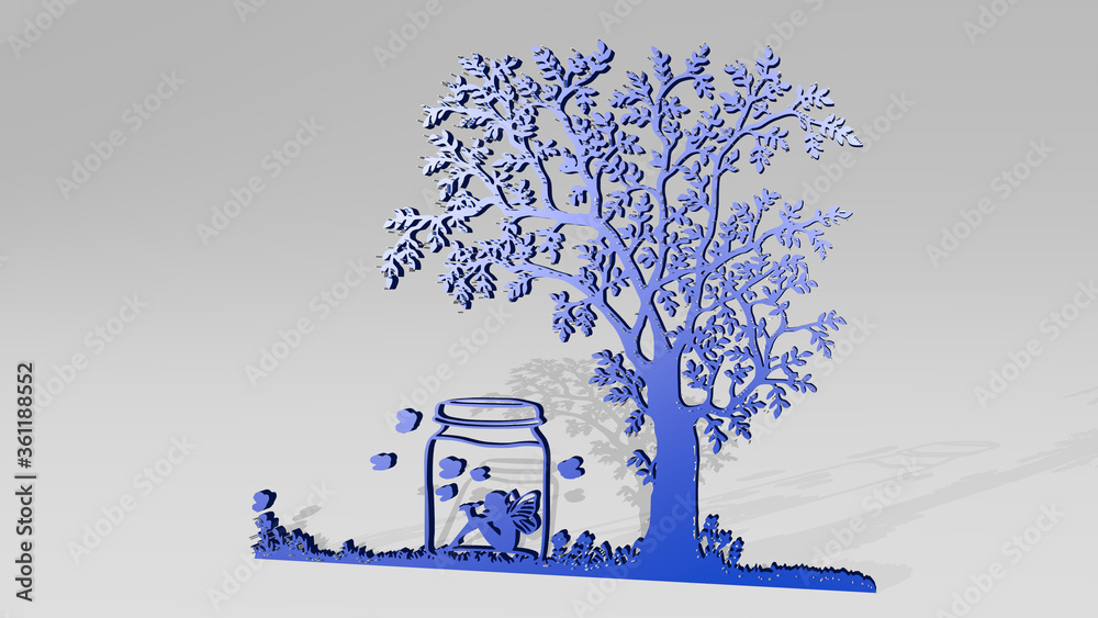 fairy in a jar under a tree from a perspective on the wall. A thick ...