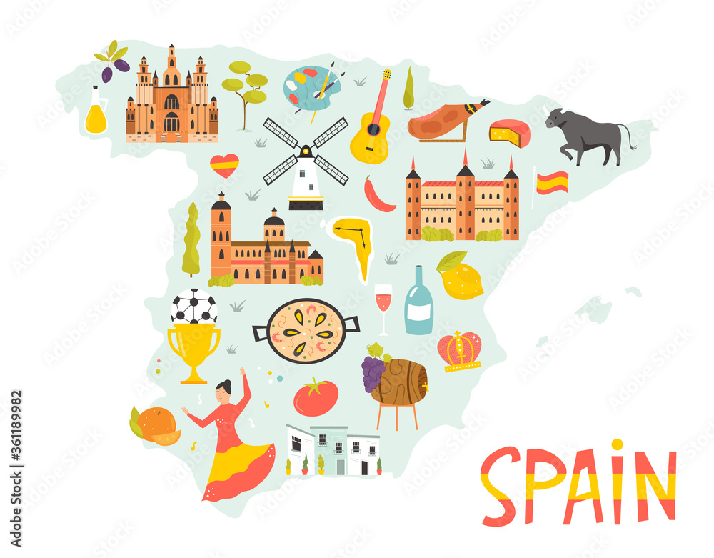 Bright illustrated map of Spain with symbols, icons, famous ...