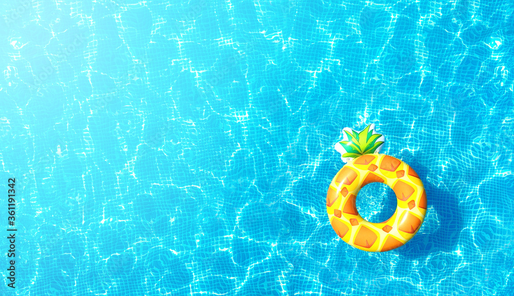 Pool water texture background with inflatable pineapple toy. Top view ...