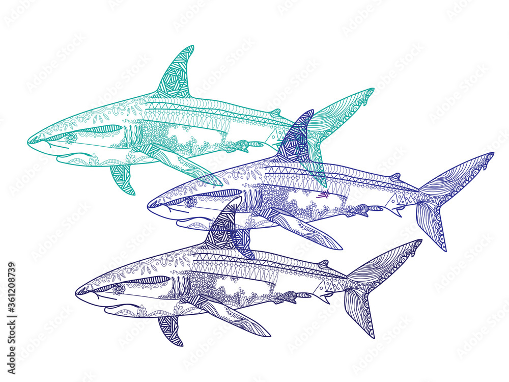 Shark. Stylish multi-colored freehand drawing. Antistress coloring page ...