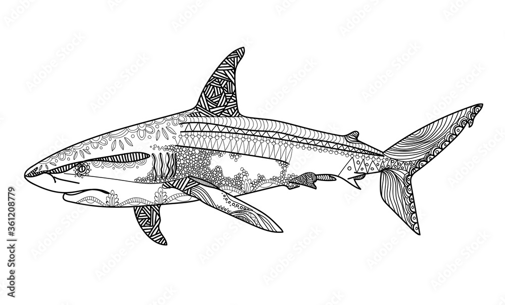 Shark. Stylish multi-colored freehand drawing. Antistress coloring page ...