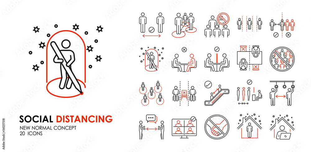 Set of Social Distancing line icon about Coronavirus disease COVID-19 ...
