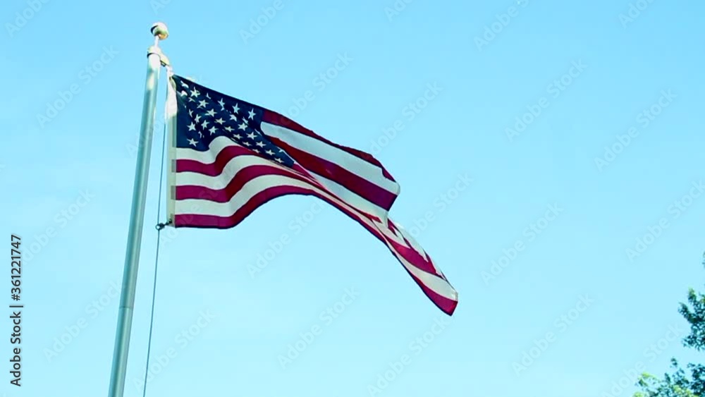 American Flag flying in the wind outside with Blue sky Behind - USA ...
