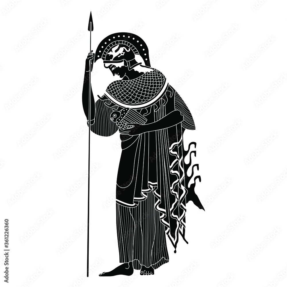 Poster Ancient Greek goddess Athena. Black and white linear silhouette ...
