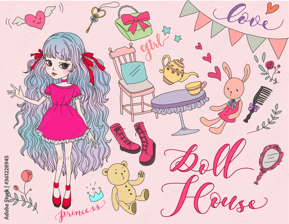 Digitally hand drawn illustration of a cute girl in color. Doll house ...