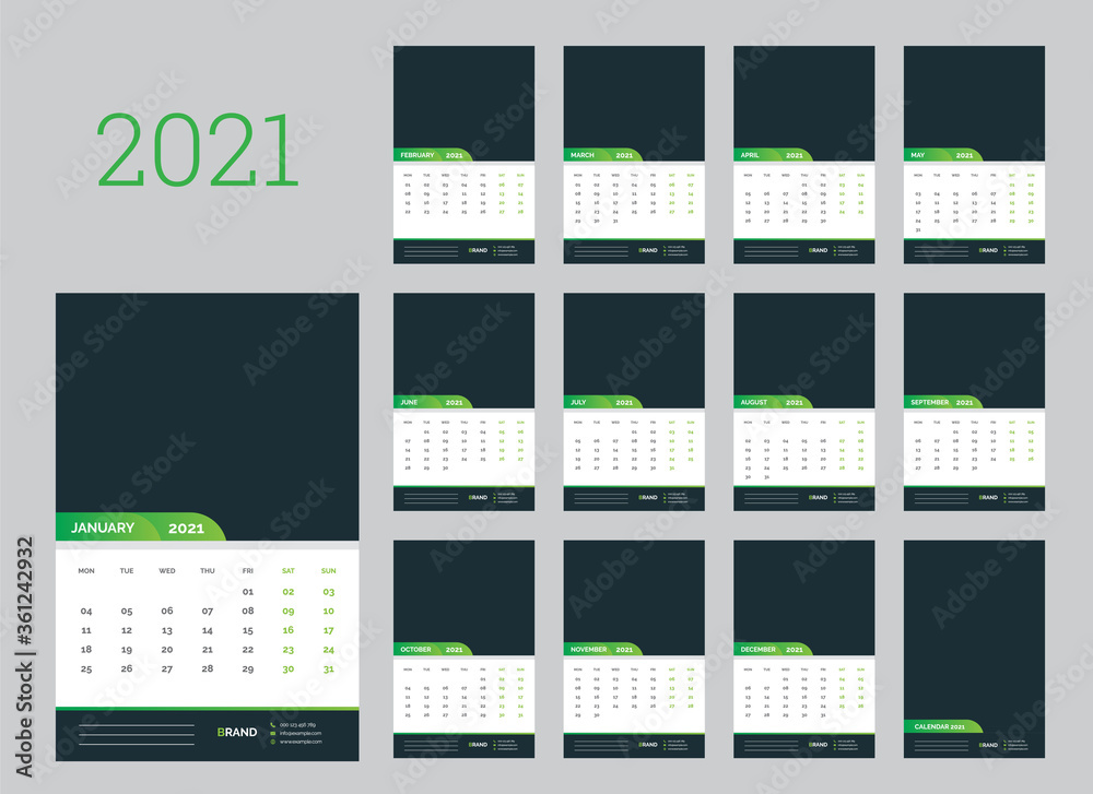 Wall calendar planner template for 2021 year. Set of 12 months. Week ...