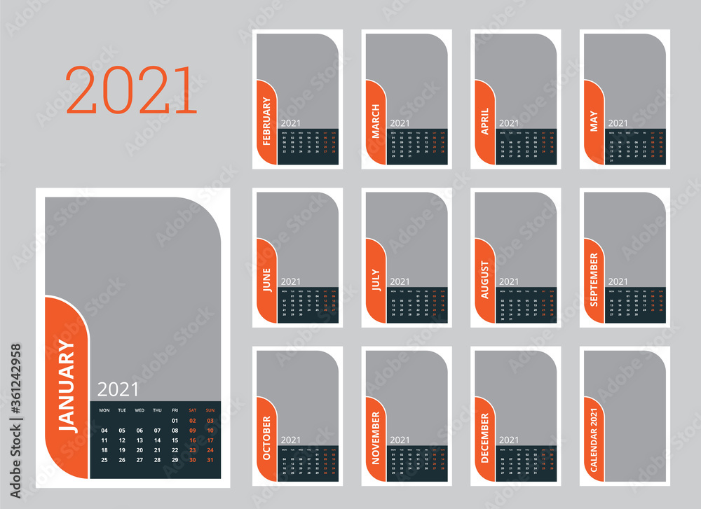 Wall calendar planner template for 2021 year. Set of 12 months. Week ...